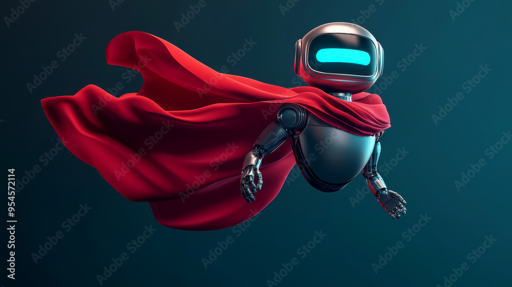A chatbot robot in a red cape, flying as an AI assistance superhero. 3D ...
