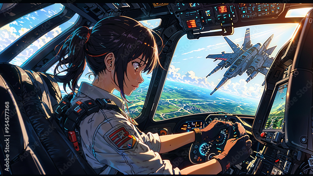 An anime pilot prepares for battle in a high-tech mecha cockpit, with ...
