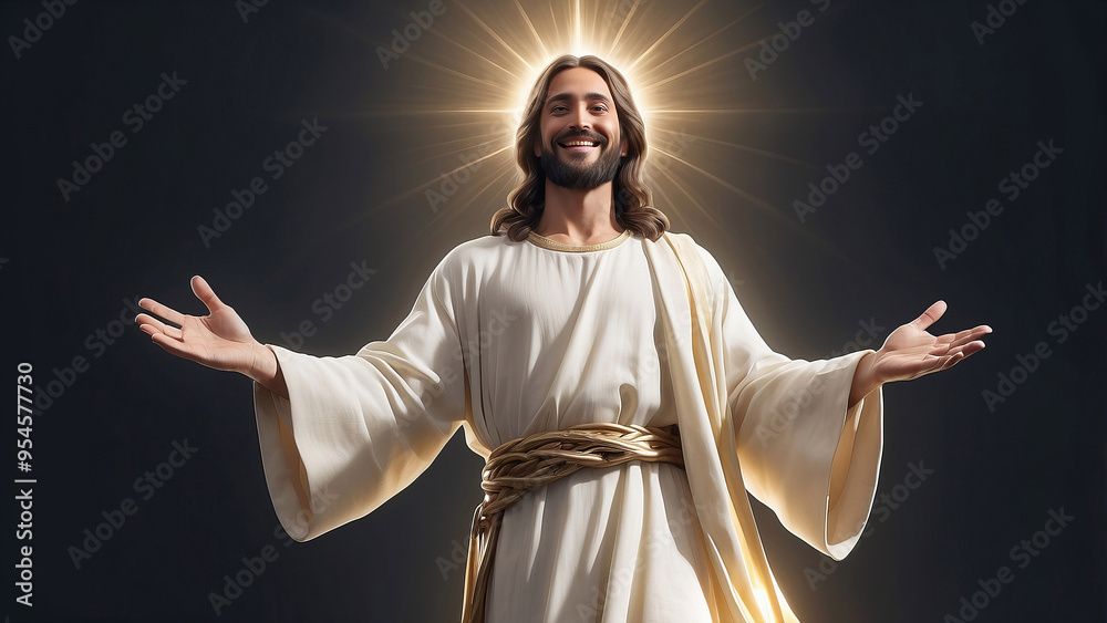 Jesus Christ smiling in rays of light on isolated background in cartoon ...