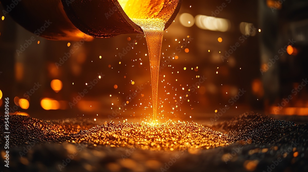 Molten metal being poured from a crucible in a foundry, cinematic shot ...