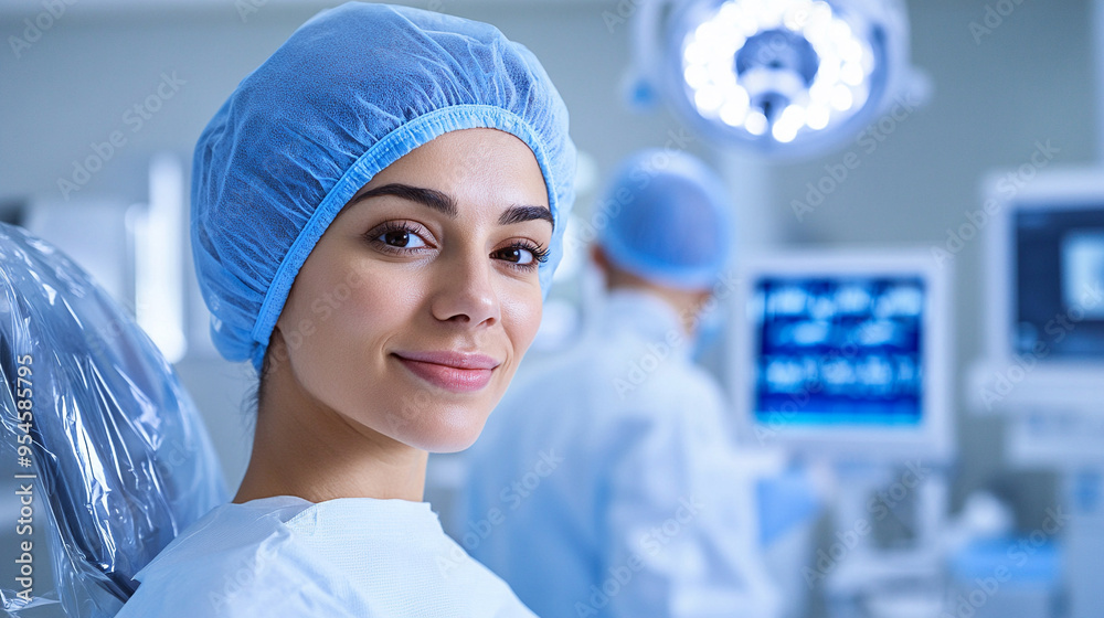 Woman lie on operating table surround by medical staff in operating ...