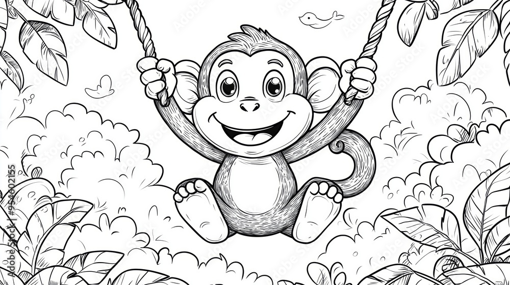 Coloring page, Playful cartoon monkey happily swinging on a vine in a ...