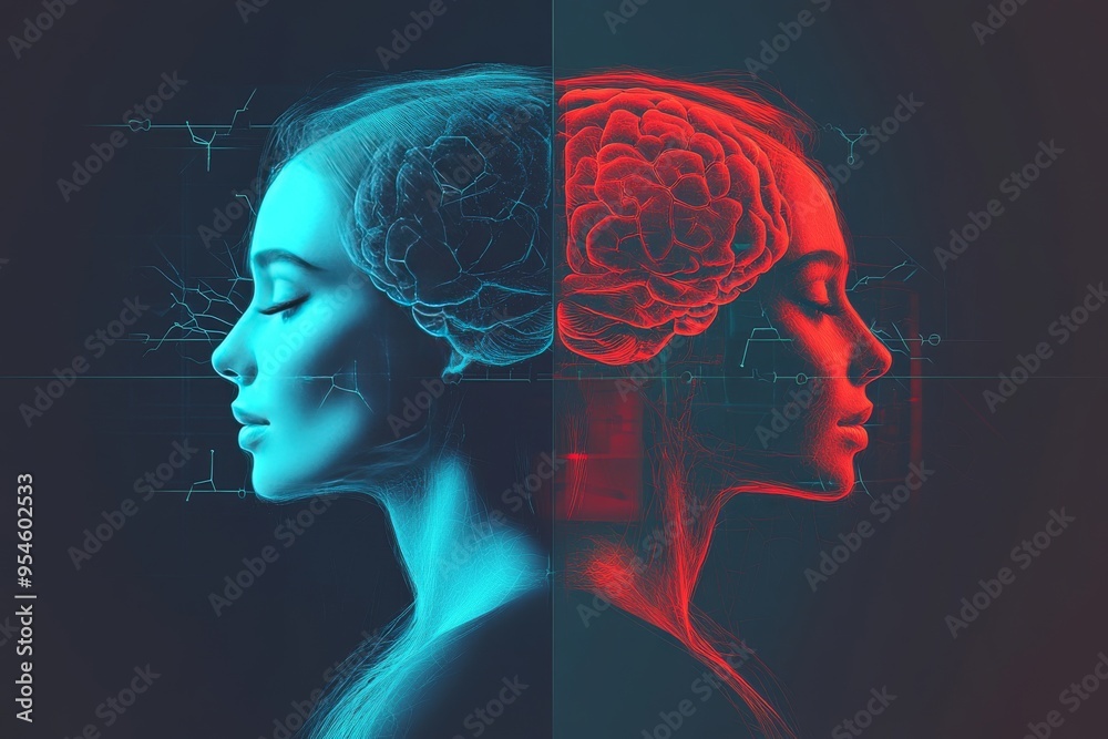Strategic Neural synchronization Dual color profiles of a woman with ...