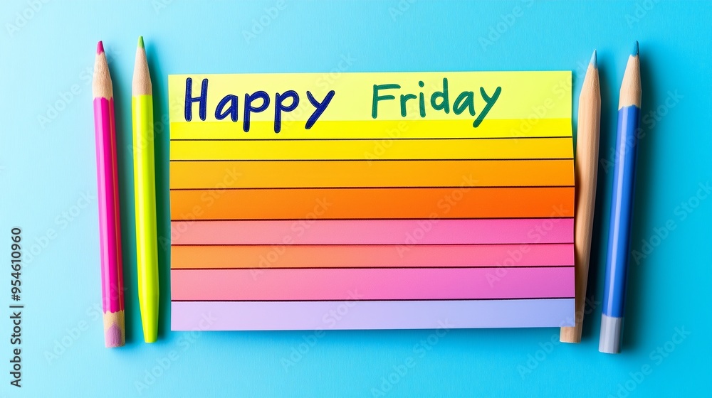 A colorful sign with the words Happy Friday written on it. The sign is ...