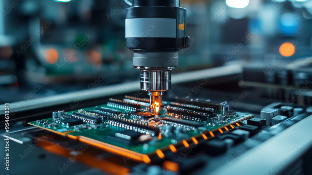 High-precision robot arm in a bright electronics factory installing ...