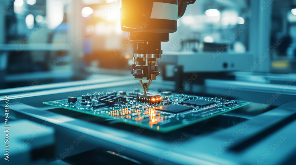 High-precision robot arm in a bright electronics factory installing ...