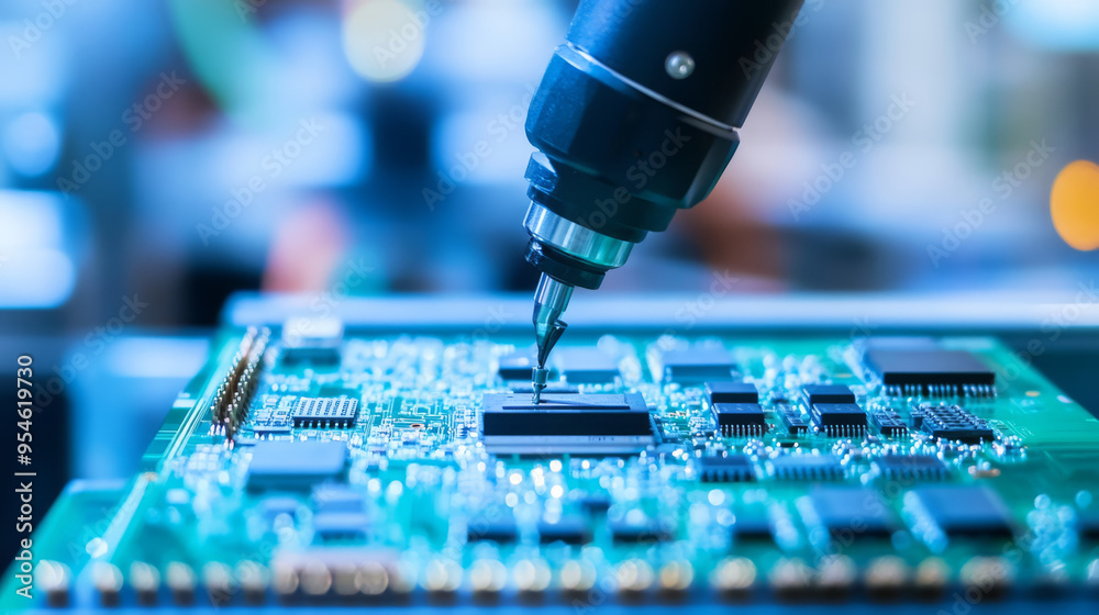 High-precision robot arm in a bright electronics factory installing ...