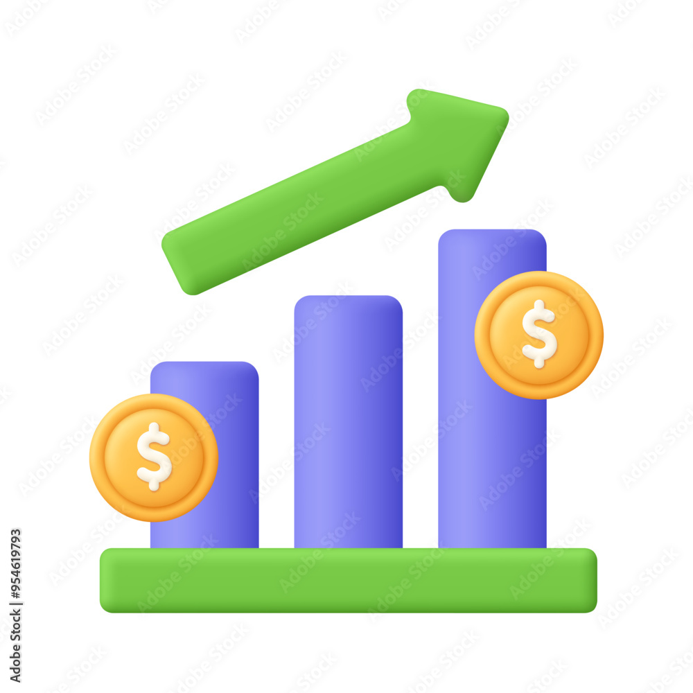 Financial growth chart with coins. Chart with bars and green rising ...