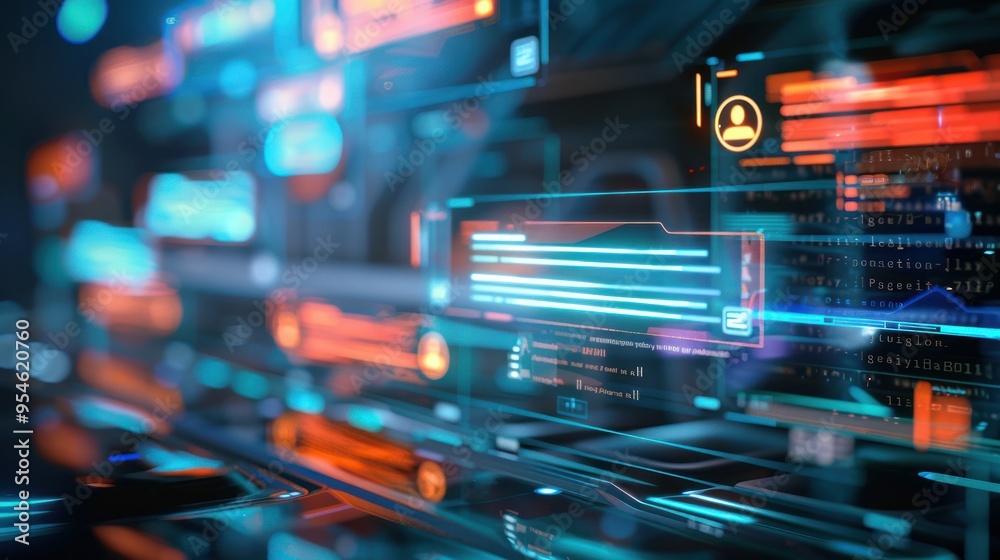 a futuristic chat interface with holographic messages and emoji ...