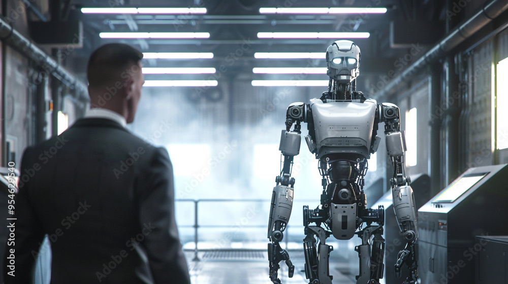 Man watches a robot walk in a factory room. Robot Encounter in ...