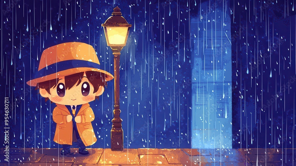 Cartoon chibi man standing next to an electric pole on a rainy night ...