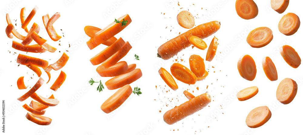 Isolated falling carrot slice on white background, depth of field is ...