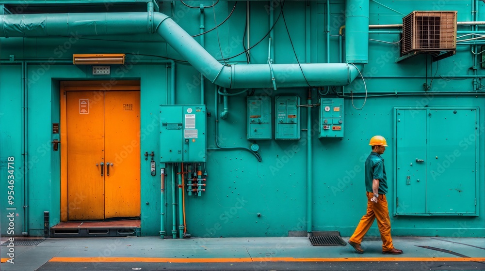 Industrial Worker Walking by Colorful Factory Wall with Pipes and ...