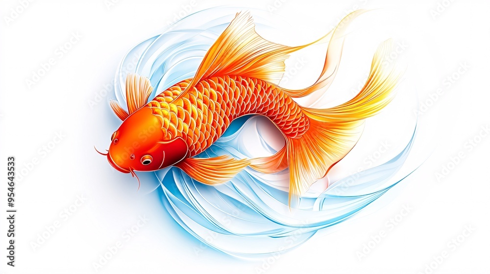 Icon illustration, glowing koi fish, vibrant orange scales with golden ...