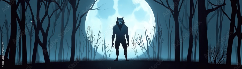 Spooky werewolf standing tall in a dark forest under full moon, flat ...