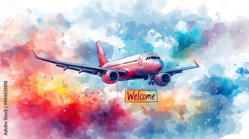 Cute airplane gliding smoothly, carrying a bright "Welcome" banner ...