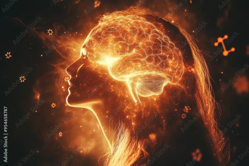 Perception Proactive Fiery silhouette of a woman with blazing neural ...