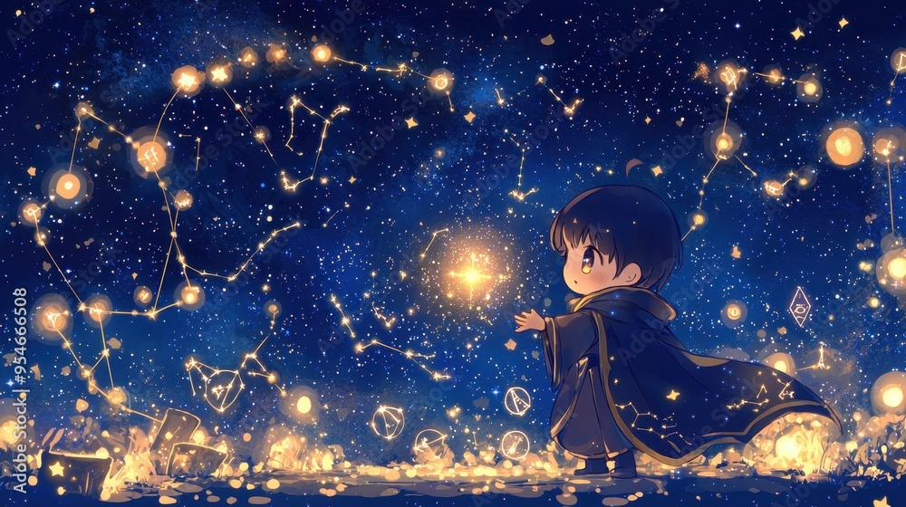 Cartoon wizard casting a spell with a magic wand under the stars under ...