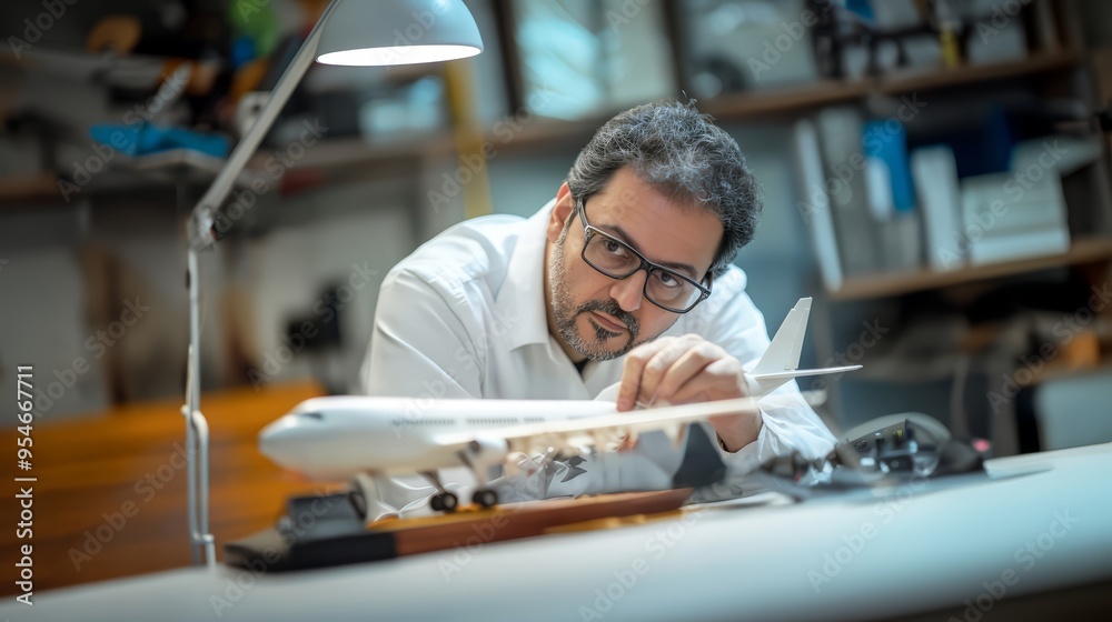 Aerospace engineer working on an airplane model prototype. Research and ...