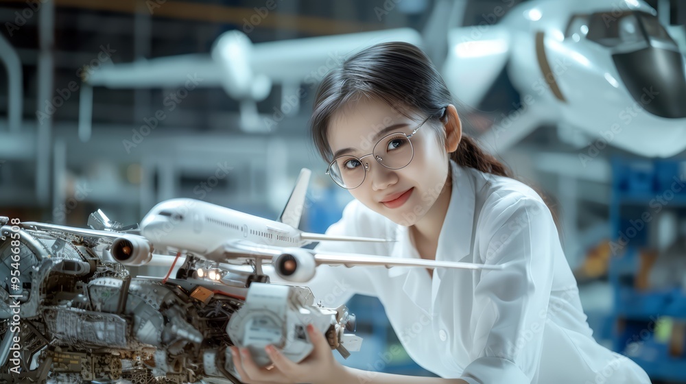 Asian female aerospace engineer working on an airplane model prototype ...