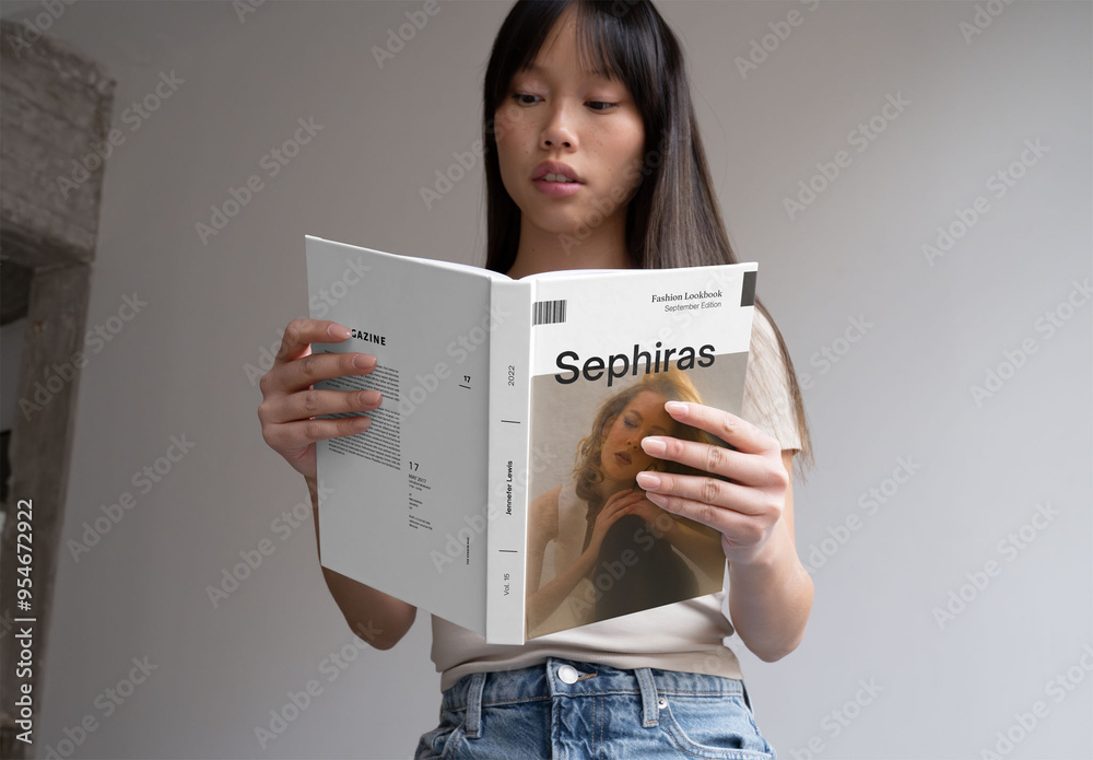 Mockup Of Woman Reading A4 Book With Customizable Cover Stock Template ...