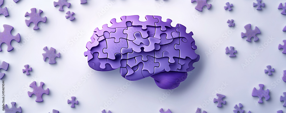 Purple Human brain consists of puzzle pieces. symbol of fight against ...