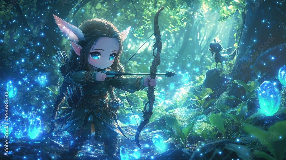 Cartoon Chibi man shooting an arrow in the deep forest Stock ...