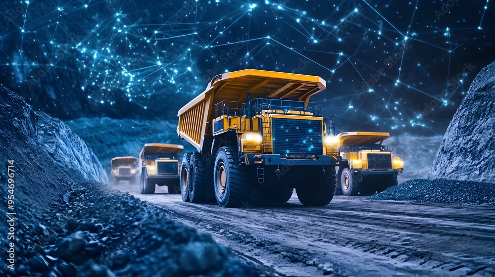 A photograph showcasing a fleet of mining trucks enhanced with IoT ...