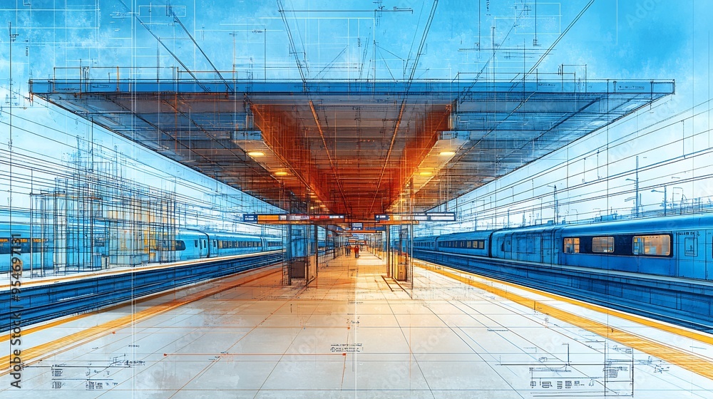 Blueprint of highspeed train station with platform layouts ticketing ...