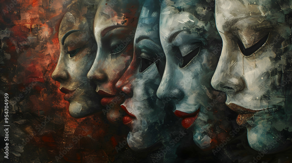 Conceptual art exploring the duality of human emotions, featuring masks ...