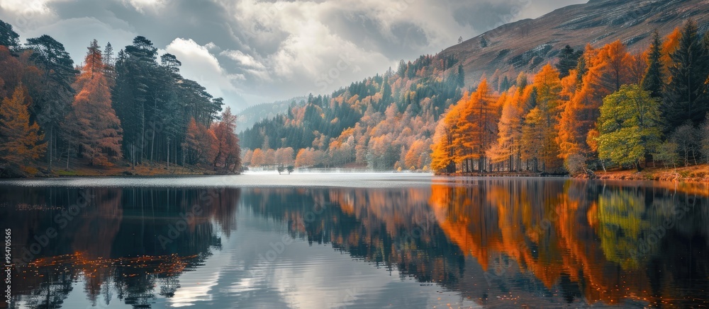 Beautiful image of the Lake District featuring vibrant autumn woodlands ...