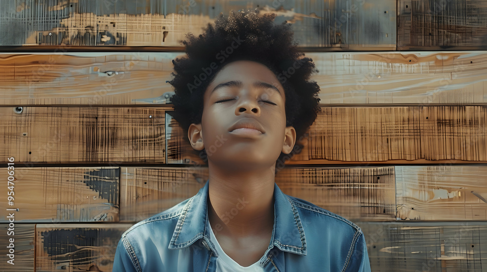 Cool young hipster gen z African American teen standing at wooden wall ...