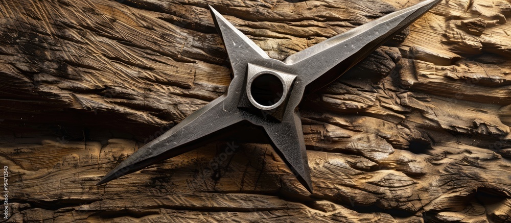 Shuriken throwing star a traditional Japanese ninja weapon embedded in ...
