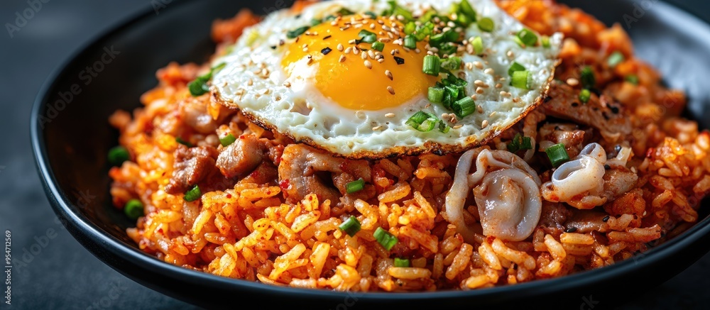 Tasty volcanic shaped fried rice with egg and spicy sauce featuring ...