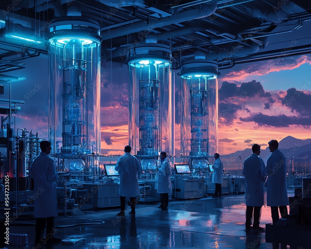 Craft a detailed scene of a modern lab where scientists celebrate a ...