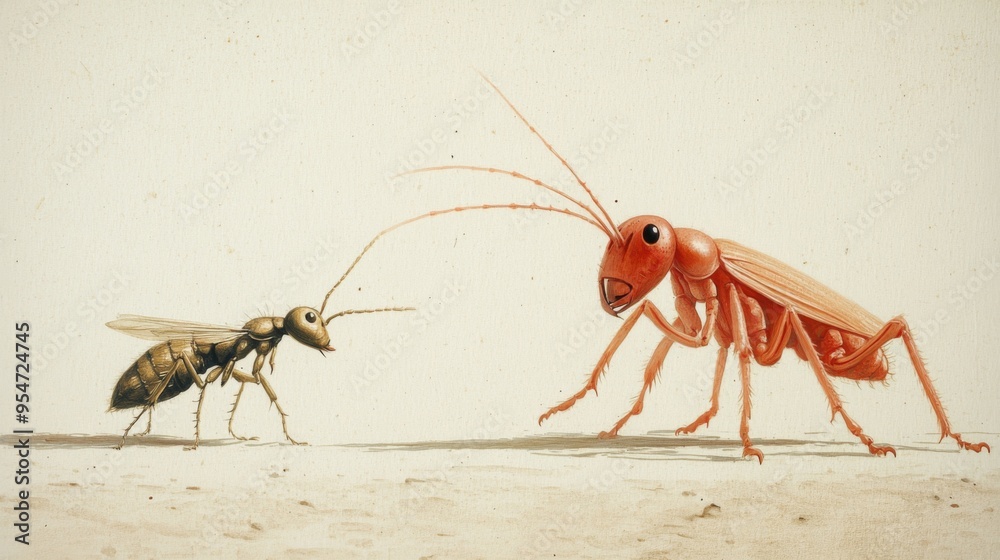 An ant and a cricket face off on a plain surface, showcasing their ...