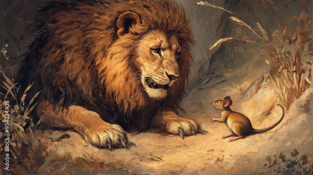 A lion and a mouse share a contemplative glance on a rocky terrain ...
