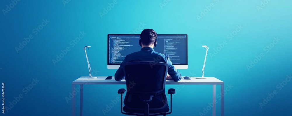 Programmer integrating API with website on a dual monitor setup ... Programmer integrating API with website on a dual monitor setup ...