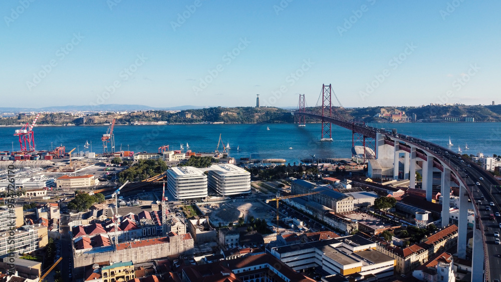Aerial View of the 25 de Abril Bridge, Lisbon - Tejo River, Rooftops ...