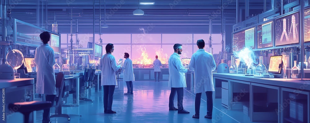 Craft a realistic scene of a modern lab where scientists celebrate the ...