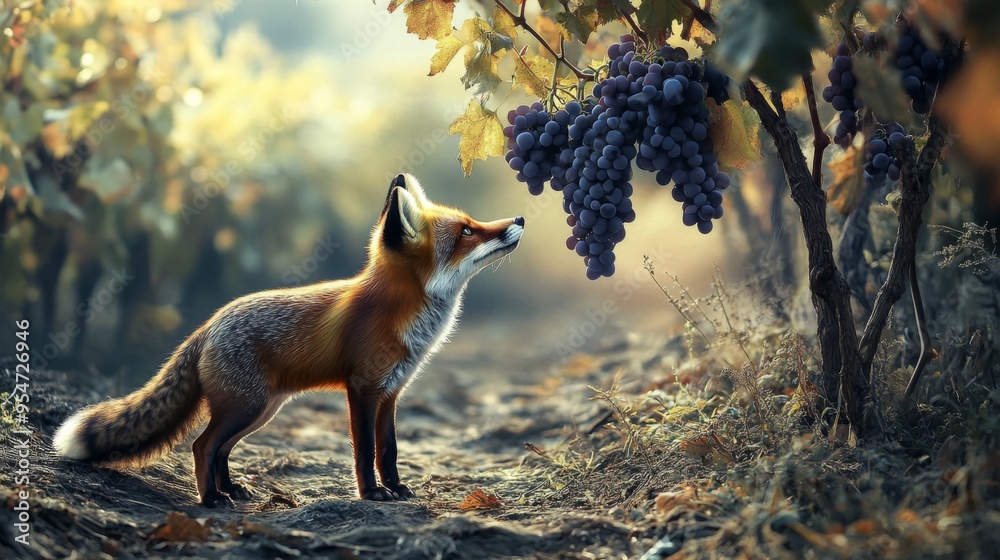 A fox explores a vineyard with large clusters of grapes hanging from ...