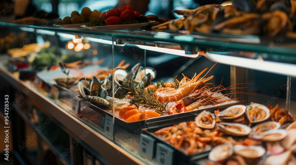 Fresh seafood on crushed ice at the fish market. Mussel, scallop, squid ...