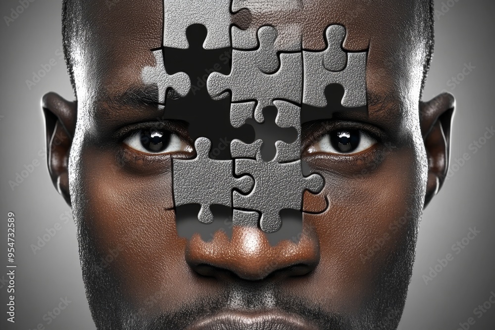 Cognitive behavioral therapy Logic Close up of a mans face with puzzle ...