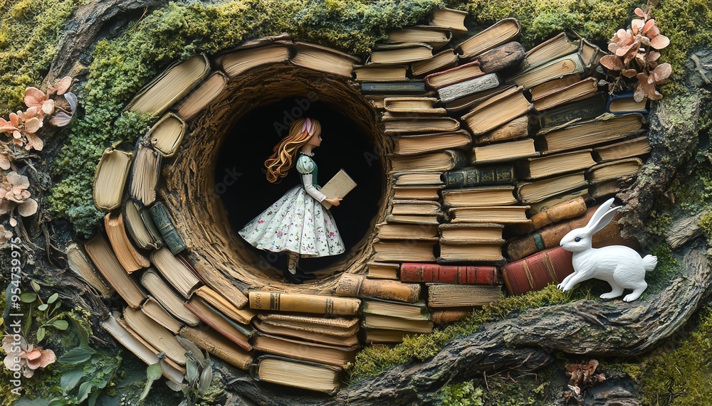 Create a whimsical scene of Alice from Wonderland entering a rabbit ...
