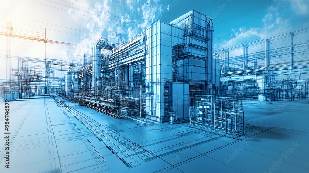 Blueprint of advanced manufacturing plant with machine layouts and ...