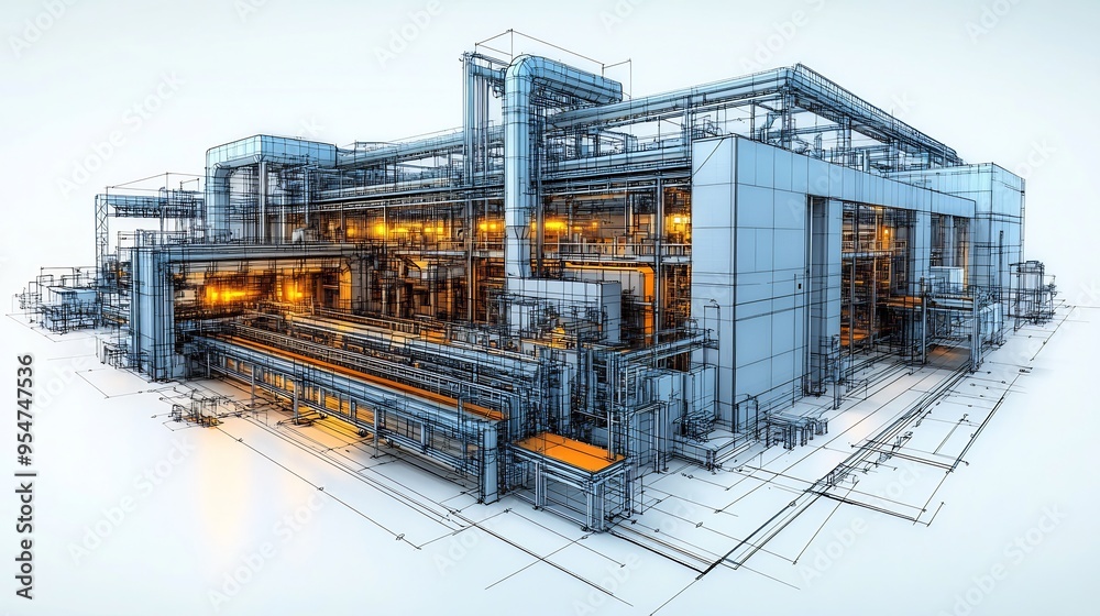 Blueprint of advanced manufacturing plant with machine layouts and ...