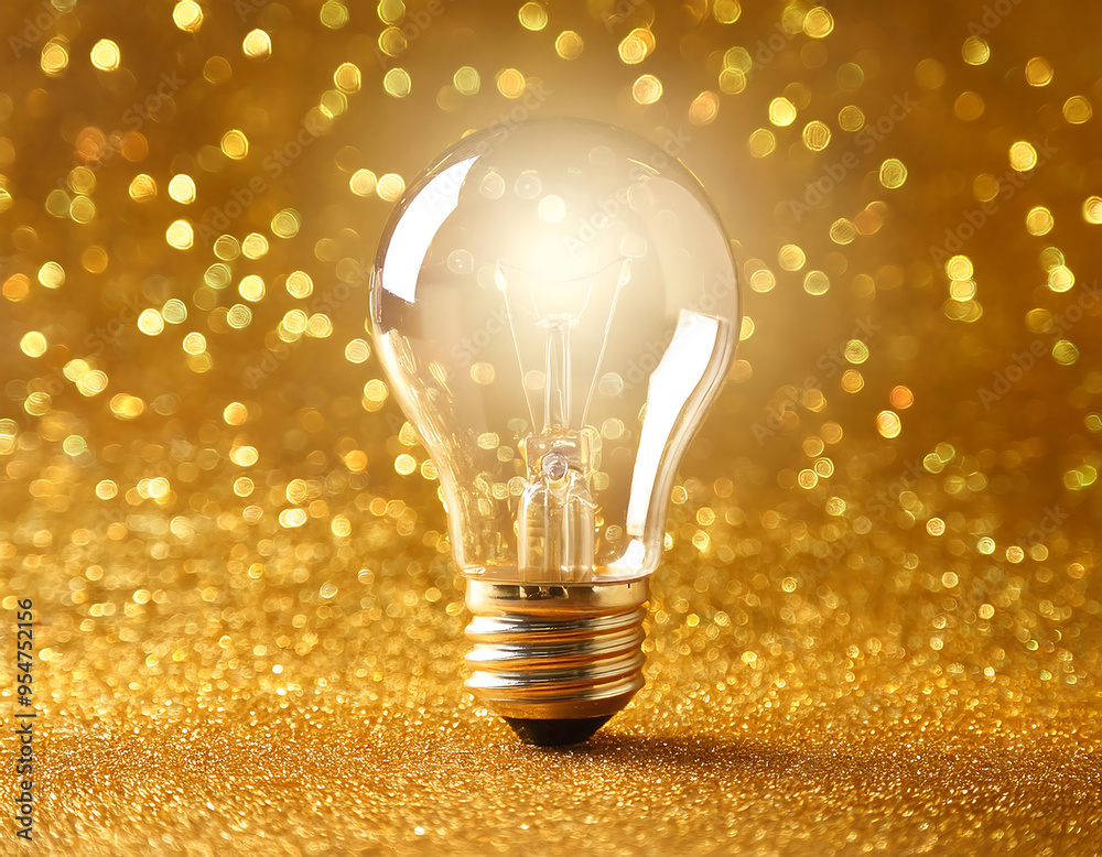 Light Bulb on a Golden Sparkling Background, Creativity and Innovation ...