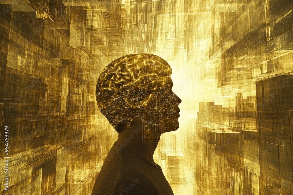 Consciousness Problem solving Golden silhouette of a man with a glowing ...