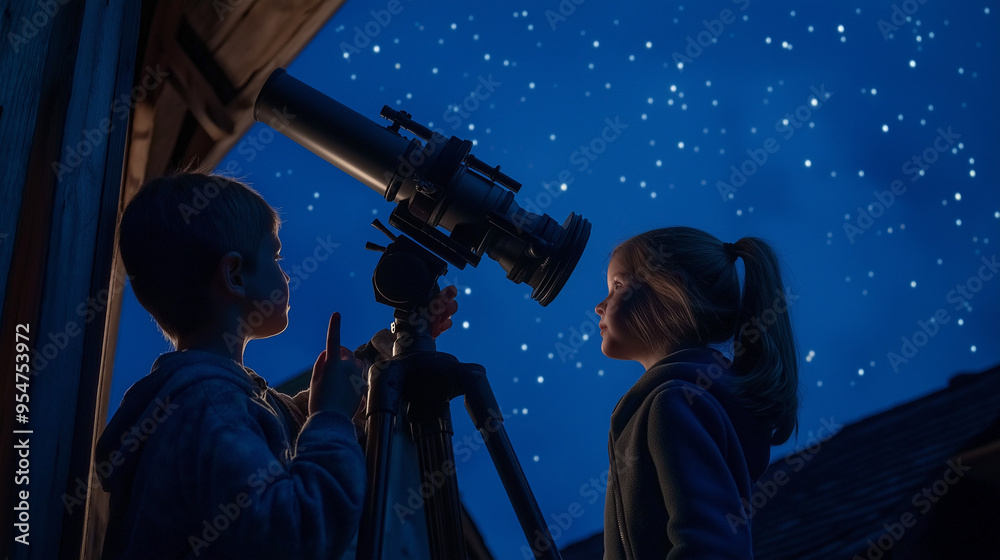 Children exploring the night sky through a telescope under a starry sky ...