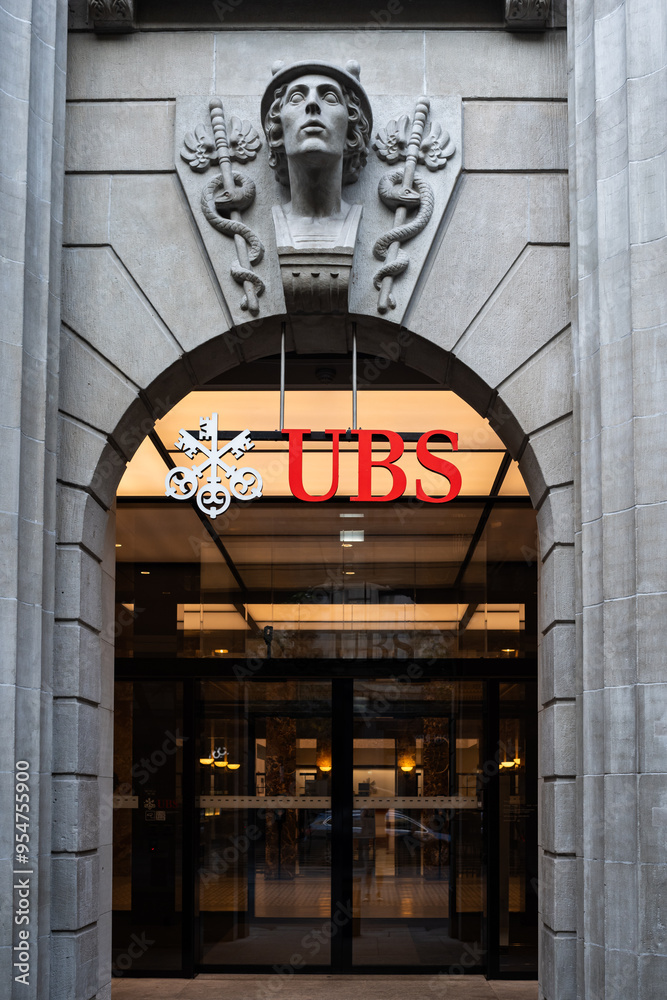 28-08-2024 Zurich, Switzerland. UBS bank building entrance on ...